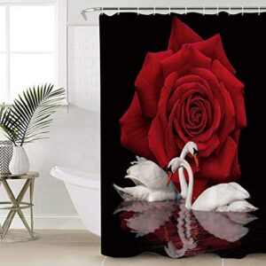 4 Pieces Shower Curtain Bath Rugs Set Romantic Mother's Day Red Rose and Lake Swan Waterproof Bathroom Curtains Non-Slip Floor Doormats Toilet Lid Cover and U Shape Carpet