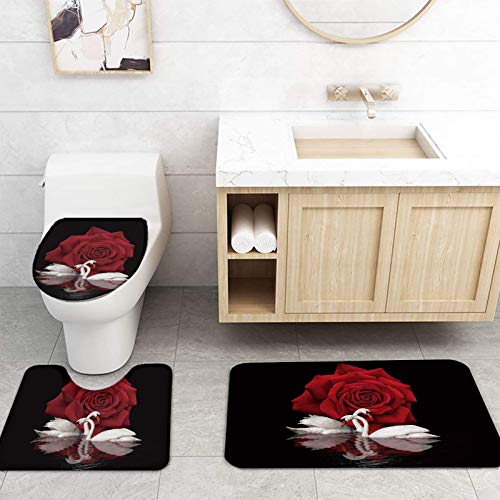 4 Pieces Shower Curtain Bath Rugs Set Romantic Mother's Day Red Rose and Lake Swan Waterproof Bathroom Curtains Non-Slip Floor Doormats Toilet Lid Cover and U Shape Carpet