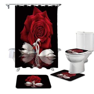 4 Pieces Shower Curtain Bath Rugs Set Romantic Mother's Day Red Rose and Lake Swan Waterproof Bathroom Curtains Non-Slip Floor Doormats Toilet Lid Cover and U Shape Carpet