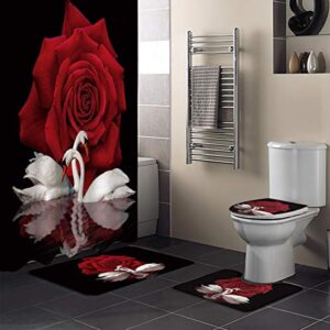 4 Pieces Shower Curtain Bath Rugs Set Romantic Mother's Day Red Rose and Lake Swan Waterproof Bathroom Curtains Non-Slip Floor Doormats Toilet Lid Cover and U Shape Carpet