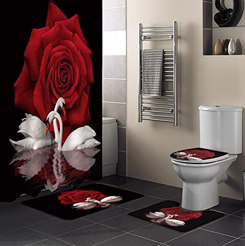 4 Pieces Shower Curtain Bath Rugs Set Romantic Mother's Day Red Rose and Lake Swan Waterproof Bathroom Curtains Non-Slip Floor Doormats Toilet Lid Cover and U Shape Carpet