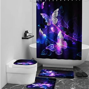 waeyeitery 4PCS Purple Shine Butterfly Floral Bathroom Shower Curtain Sets with RugsToilet Lid Pad Cover and Bath