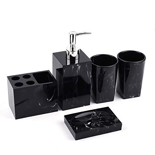 Bathroom Accessories Set, 5 Piece Luxury Resin Bath Accessory With Toothbrush Holder, Liquid Soap Dispenser, Soap Dish, 2 Tumblers (Ink black)