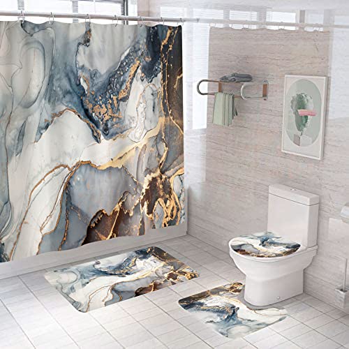 waeyeitery 4PCS Blue Brown Marble Bathroom Shower Curtain Sets with Rugs,Toilet Lid Pad Cover and Bath Mat with 12 Hooks, Abstract Marbled Art Bathroom Decor Set, Polyester, Waterproof, 72' Wx72 L