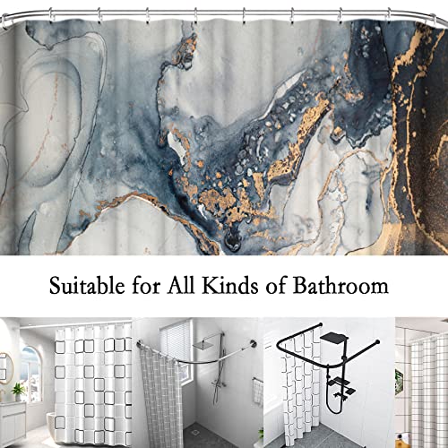 waeyeitery 4PCS Blue Brown Marble Bathroom Shower Curtain Sets with Rugs,Toilet Lid Pad Cover and Bath Mat with 12 Hooks, Abstract Marbled Art Bathroom Decor Set, Polyester, Waterproof, 72' Wx72 L