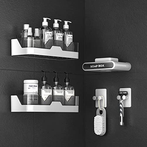 FOCUS FINEST Adhesive Shower Caddy, Shower Shelves with Soap Holder and Razor Hooks, Self Adhesive Bathroom Shelves(2 Pack), No drilling …