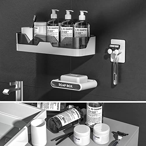 FOCUS FINEST Adhesive Shower Caddy, Shower Shelves with Soap Holder and Razor Hooks, Self Adhesive Bathroom Shelves(2 Pack), No drilling …