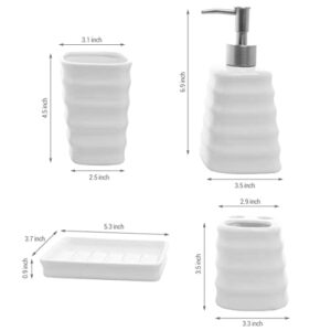 MyGift Ceramic White Bathroom Accessory Set with Ribbed Design, Includes Toothbrush Holder, Tumbler, Soap Dish and Dispenser