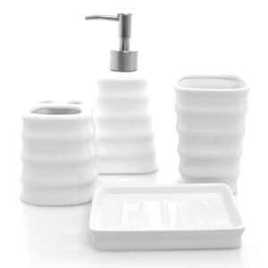 MyGift Ceramic White Bathroom Accessory Set with Ribbed Design, Includes Toothbrush Holder, Tumbler, Soap Dish and Dispenser