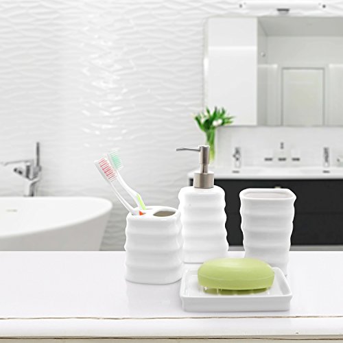 MyGift Ceramic White Bathroom Accessory Set with Ribbed Design, Includes Toothbrush Holder, Tumbler, Soap Dish and Dispenser