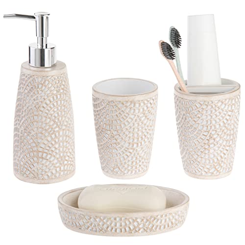 MyGift 4 Piece Vintage White Bathroom Accessories Set, Includes Lotion Pump Dispenser, Tumbler, Toothbrush Holder, and Soap Dish