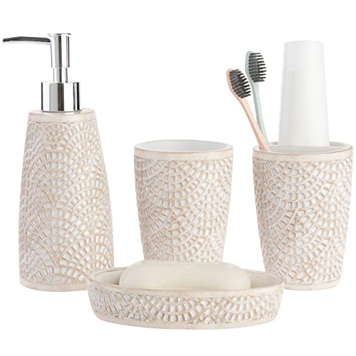 MyGift 4 Piece Vintage White Bathroom Accessories Set, Includes Lotion Pump Dispenser, Tumbler, Toothbrush Holder, and Soap Dish