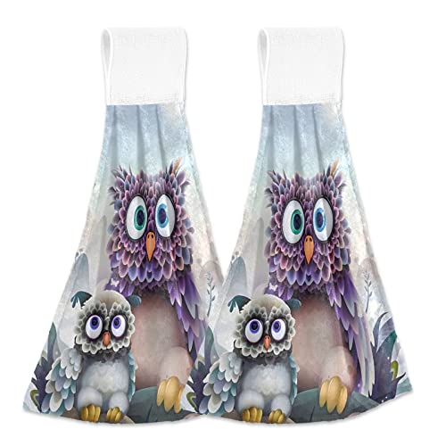 SLHKPNS Purple Owls Kitchen Hanging Hand Towels, Cartoon Art Absorbent Tie Towel with Loop 2 PCS Kitchen Linen Sets for Bathroom Restroom Home Decor, Purple Owl, 14x18in