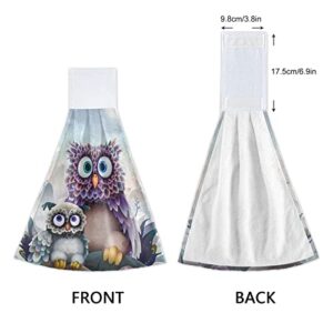 SLHKPNS Purple Owls Kitchen Hanging Hand Towels, Cartoon Art Absorbent Tie Towel with Loop 2 PCS Kitchen Linen Sets for Bathroom Restroom Home Decor, Purple Owl, 14x18in