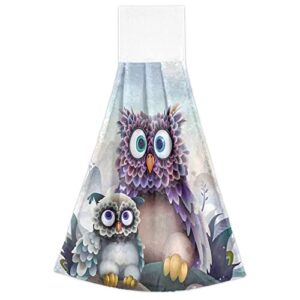 SLHKPNS Purple Owls Kitchen Hanging Hand Towels, Cartoon Art Absorbent Tie Towel with Loop 2 PCS Kitchen Linen Sets for Bathroom Restroom Home Decor, Purple Owl, 14x18in