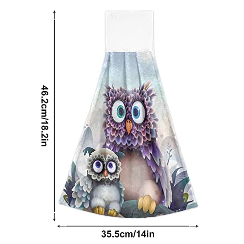 SLHKPNS Purple Owls Kitchen Hanging Hand Towels, Cartoon Art Absorbent Tie Towel with Loop 2 PCS Kitchen Linen Sets for Bathroom Restroom Home Decor, Purple Owl, 14x18in