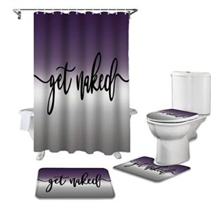 purple and grey get naked bathroom shower curtain sets with rugs, funny bathroom decor sets with non-slip rugs and toilet lid cover, bath mats, 36x72in waterproof shower curtains with 12 hooks