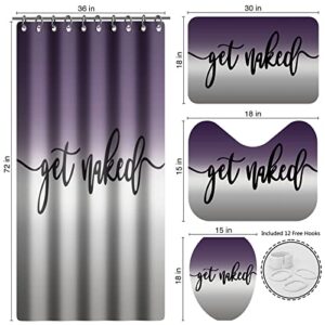 Purple and Grey Get naked Bathroom Shower Curtain Sets with Rugs, Funny Bathroom Decor Sets with Non-Slip Rugs and Toilet Lid Cover, Bath Mats, 36x72in Waterproof Shower Curtains with 12 Hooks