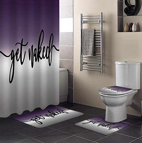 Purple and Grey Get naked Bathroom Shower Curtain Sets with Rugs, Funny Bathroom Decor Sets with Non-Slip Rugs and Toilet Lid Cover, Bath Mats, 36x72in Waterproof Shower Curtains with 12 Hooks