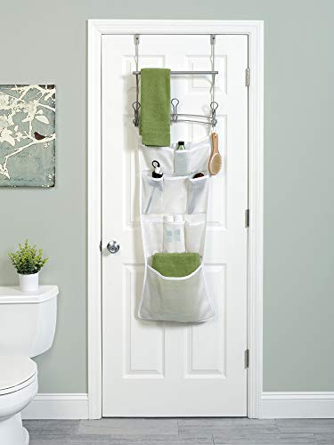 Zenna Home Bar, Satin Nickel SnugFit Over-The-Door-Towel Rack with Mesh Pocket-Storage