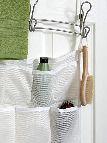 Zenna Home Bar, Satin Nickel SnugFit Over-The-Door-Towel Rack with Mesh Pocket-Storage