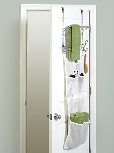 Zenna Home Bar, Satin Nickel SnugFit Over-The-Door-Towel Rack with Mesh Pocket-Storage