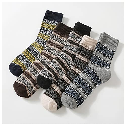 KLFG 5 Pairs Mens Thermal Nordic Socks Warm Socks, Retro Ethnic Style Woolen Socks, Hiking Trekking Crew Cute Socks (Style D)