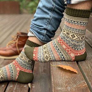 KLFG 5 Pairs Mens Thermal Nordic Socks Warm Socks, Retro Ethnic Style Woolen Socks, Hiking Trekking Crew Cute Socks (Style D)