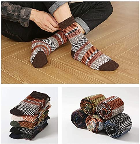 KLFG 5 Pairs Mens Thermal Nordic Socks Warm Socks, Retro Ethnic Style Woolen Socks, Hiking Trekking Crew Cute Socks (Style D)