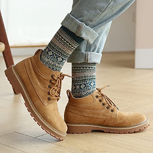 KLFG 5 Pairs Mens Thermal Nordic Socks Warm Socks, Retro Ethnic Style Woolen Socks, Hiking Trekking Crew Cute Socks (Style D)