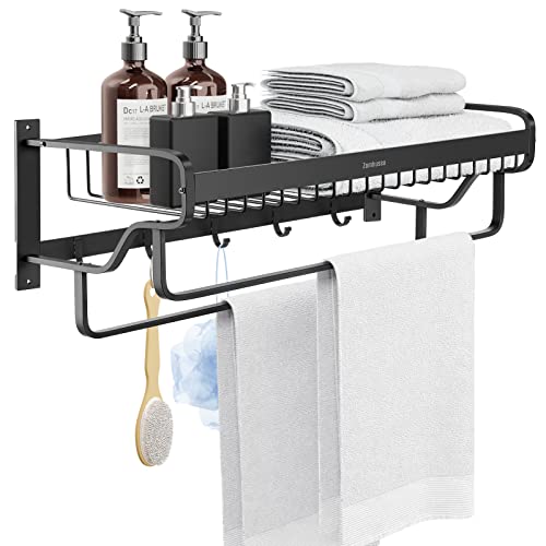 Bathroom Lavatory Towel Rack with Two Towel Bars,Zomhusea 22 in Aluminum Wall Mount Bath Towel Baskets with Hooks Laundry Room Bath Towel Storage Shelf