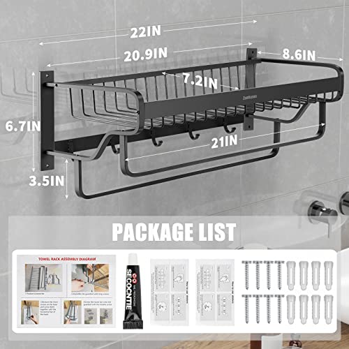 Bathroom Lavatory Towel Rack with Two Towel Bars,Zomhusea 22 in Aluminum Wall Mount Bath Towel Baskets with Hooks Laundry Room Bath Towel Storage Shelf