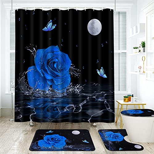 Alishomtll 4 Pcs Blue Rose Shower Curtain Sets with Non-Slip Rug, Toilet Lid Cover and Bath Mat, Blue Black Butterfly Shower Curtain with 12 Hooks, Bathroom Sets with Shower Curtain and Rugs