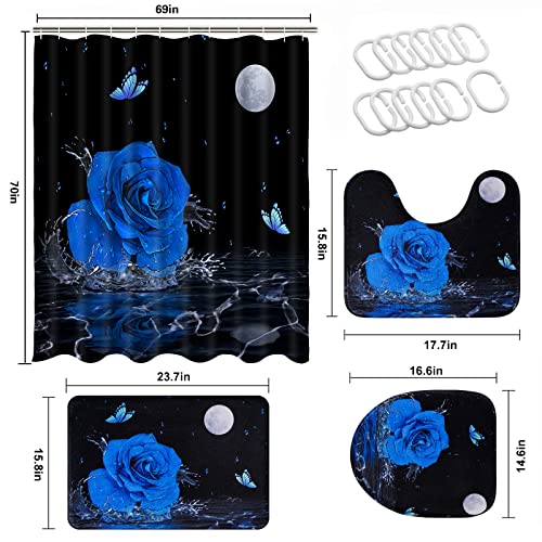 Alishomtll 4 Pcs Blue Rose Shower Curtain Sets with Non-Slip Rug, Toilet Lid Cover and Bath Mat, Blue Black Butterfly Shower Curtain with 12 Hooks, Bathroom Sets with Shower Curtain and Rugs