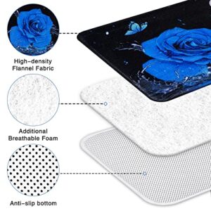 Alishomtll 4 Pcs Blue Rose Shower Curtain Sets with Non-Slip Rug, Toilet Lid Cover and Bath Mat, Blue Black Butterfly Shower Curtain with 12 Hooks, Bathroom Sets with Shower Curtain and Rugs