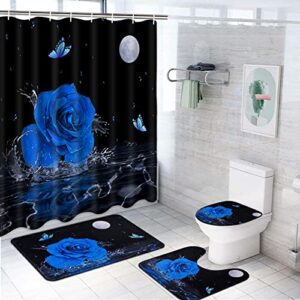 Alishomtll 4 Pcs Blue Rose Shower Curtain Sets with Non-Slip Rug, Toilet Lid Cover and Bath Mat, Blue Black Butterfly Shower Curtain with 12 Hooks, Bathroom Sets with Shower Curtain and Rugs