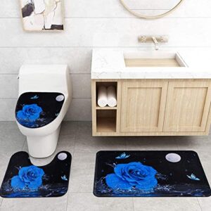 Alishomtll 4 Pcs Blue Rose Shower Curtain Sets with Non-Slip Rug, Toilet Lid Cover and Bath Mat, Blue Black Butterfly Shower Curtain with 12 Hooks, Bathroom Sets with Shower Curtain and Rugs