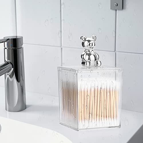 Hipiwe Acrylic Qtip Holder with Bear Lid - Clear Cotton Swab Holder Bathroom Organizer Containers Q-tip Dispenser Apothecary plastic Jar for Cotton Ball, Cotton Rounds, Cotton Pads