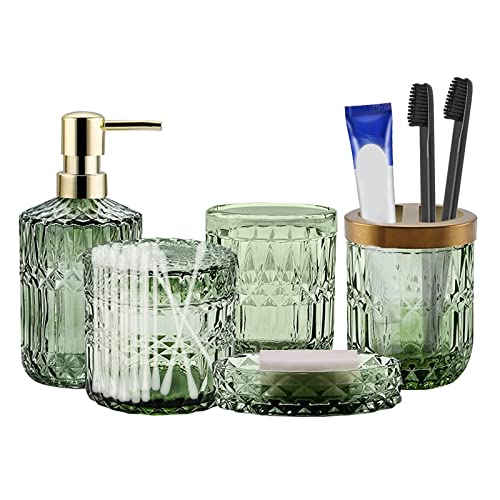 Bathroom Accessories Set, Glass Bathroom Set Include Lotion Dispenser, Soap Box, Toothbrush Cup, Mouthwash Cup, Cotton Swab Jar, Countertop Vanity Organize, Bathroom Home Decor