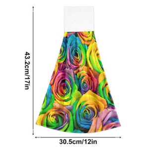 YYZZH Colorful Floral Print Rainbow Rose Flower Valentines Day Kitchen Hand Towels with Hook & Loop Set of 2 Absorbent Bath Hand Towel Hanging Tie Towel