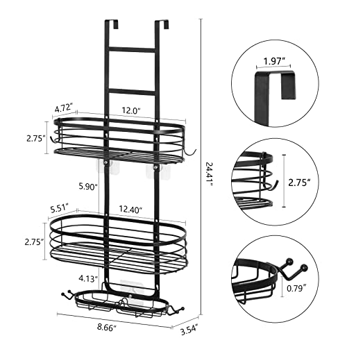 HEOMU Bathroom Hanging Shower Caddy, Shower Organizer Shelves with 4 Hooks, Rustproof & Waterproof Shower Storage Rack for Shampoo, Conditioner, Soap, Bath Sponge, Black