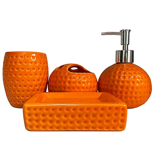 Bathroom Accessory Set Orange,4 Pieces Ceramic Bathroom Decor Accessories Complete Set,Includes Bathroom Soap Dispenser Set,Toothbrush Holder Set,Tumbler,Soap Dish