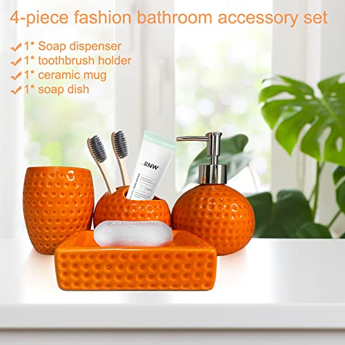 Bathroom Accessory Set Orange,4 Pieces Ceramic Bathroom Decor Accessories Complete Set,Includes Bathroom Soap Dispenser Set,Toothbrush Holder Set,Tumbler,Soap Dish