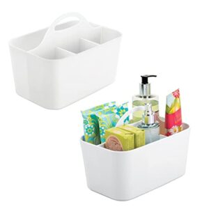 mdesign small plastic shower/bath storage organizer caddy tote with handle - dorm, shelf, cabinet - soap, shampoo, conditioner, combs, brushes, lumiere collection, 2 pack, white