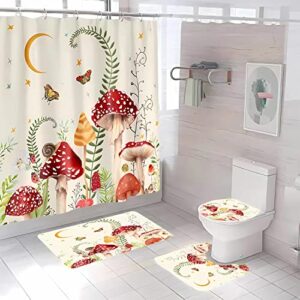 pulch ritudinous retro mushrooms shower curtain sets with non-slip rugs, toilet lid cover and bath mat, waterproof moon stars bathroom decor butterfly flower mushroom shower curtains with 12 hook