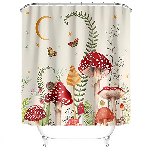 Pulch Ritudinous Retro Mushrooms Shower Curtain Sets with Non-Slip Rugs, Toilet Lid Cover and Bath Mat, Waterproof Moon Stars Bathroom Decor Butterfly Flower Mushroom Shower Curtains with 12 Hook