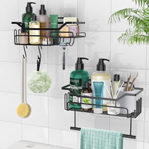 pagvmin shower caddy bathroom shelf, no drilling adhesive bathroom storage organizer with towel bar and hooks, rustproof shower shelf kitchen storage basket - 2 pack, black