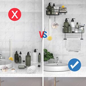 PAGVMIN Shower Caddy Bathroom Shelf, No Drilling Adhesive Bathroom Storage Organizer with Towel Bar and Hooks, Rustproof Shower Shelf Kitchen Storage Basket - 2 Pack, Black