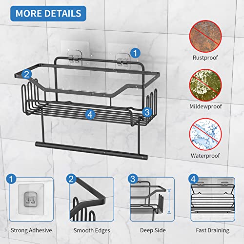 PAGVMIN Shower Caddy Bathroom Shelf, No Drilling Adhesive Bathroom Storage Organizer with Towel Bar and Hooks, Rustproof Shower Shelf Kitchen Storage Basket - 2 Pack, Black