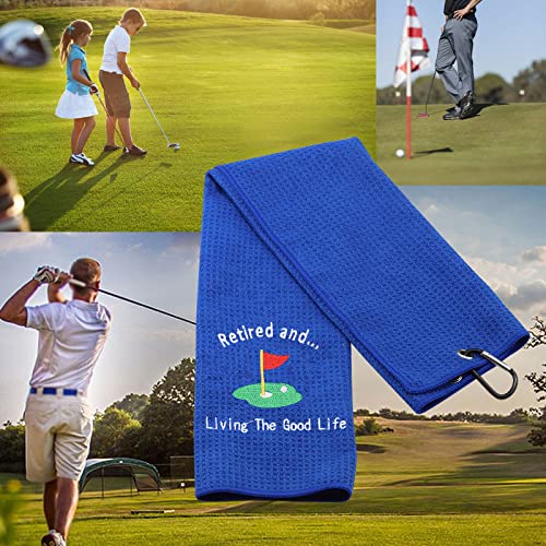 PXTIDY Funny Retired Gift Retirement Golf Towel for Women Men Retired and Living The Good Life Retired Golfer Gift Golfing Golf Towel Enjoy Retirement Live Gift (Blue)